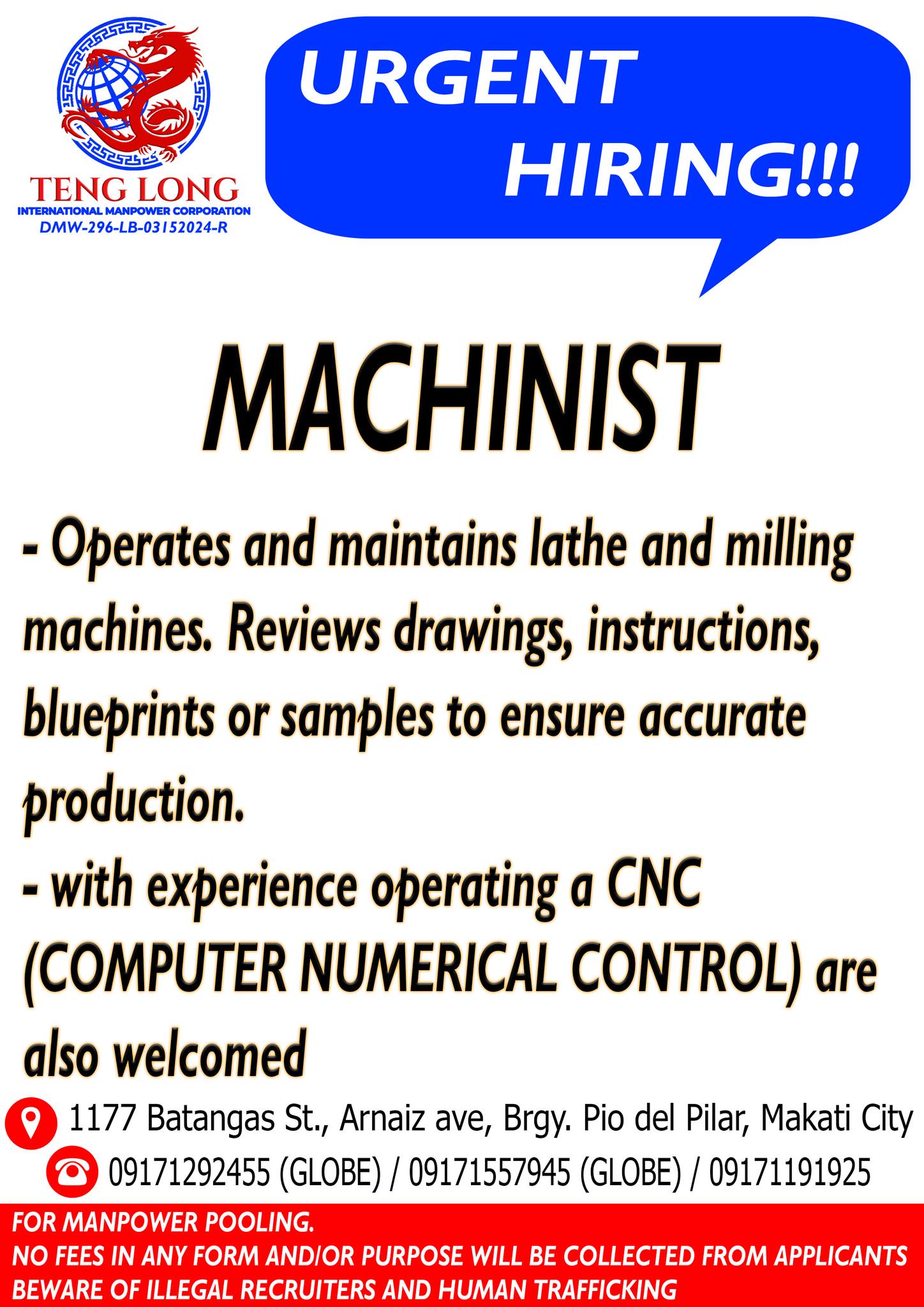Hiring Machinist for Taiwan under Tenglong International Manpower Corp.