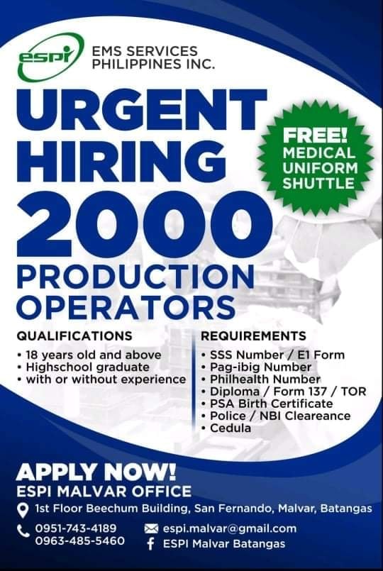Now Hiring Production Operators for Epson at least High School