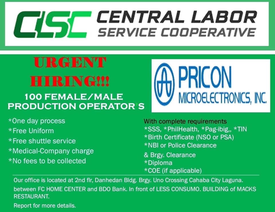 Hiring 100 Production Operators for Pricon Microelectronics Inc.