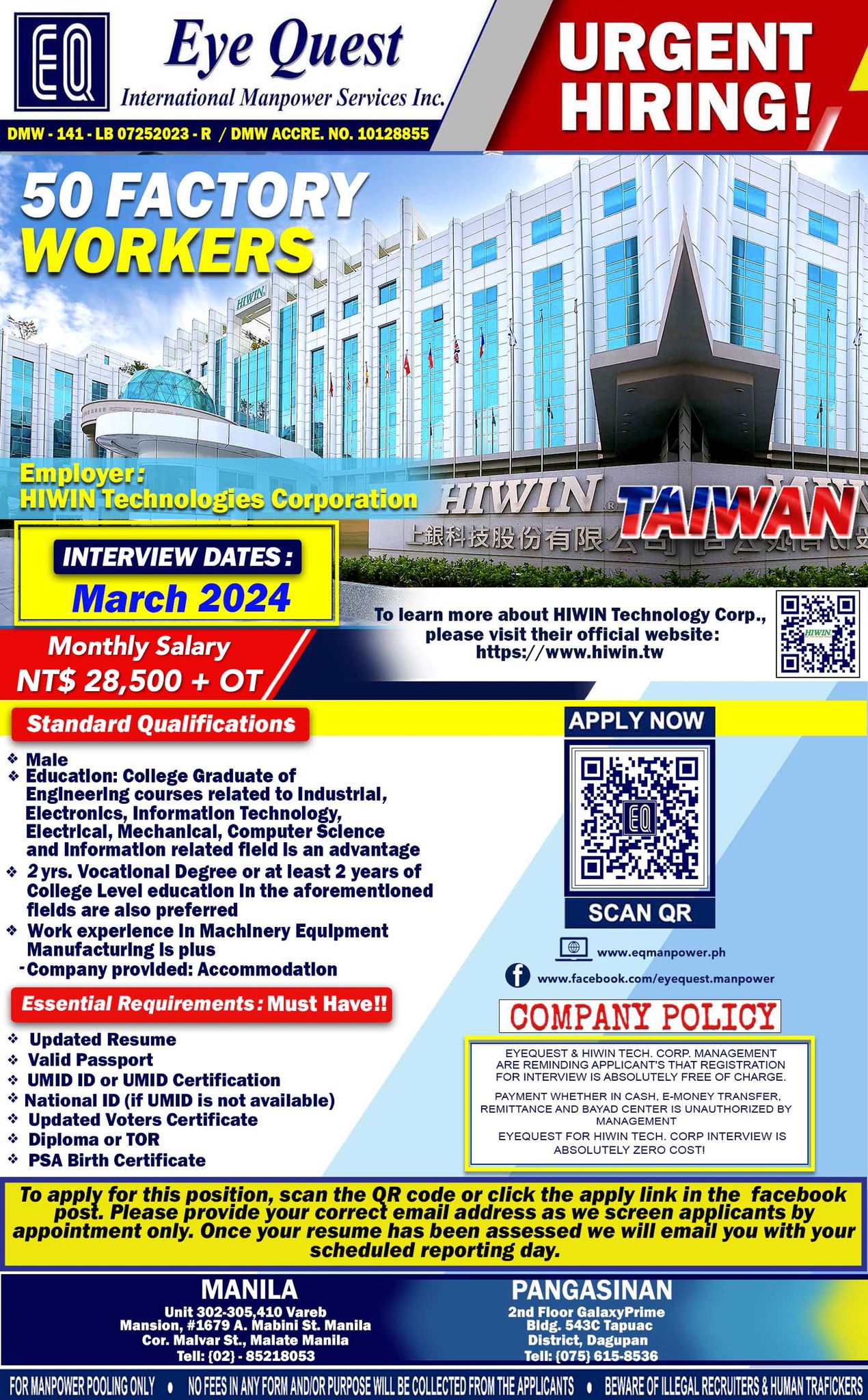 Urgent Hiring Factory Workers for Hiwin Corporation