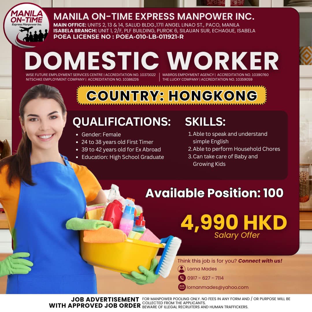 Hiring Worker for Hong Kong under Manila On-Time Express Manpower Inc.