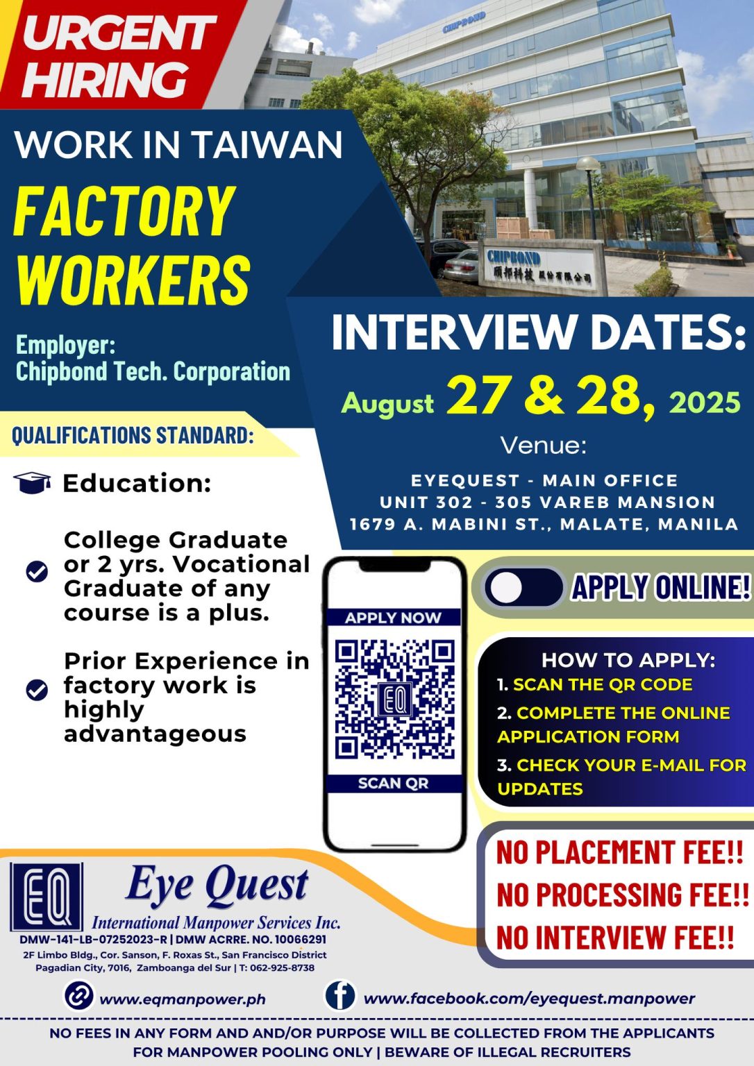 Taiwan Urgent Hiring Factory Workers for Chipbond Technology Corporation