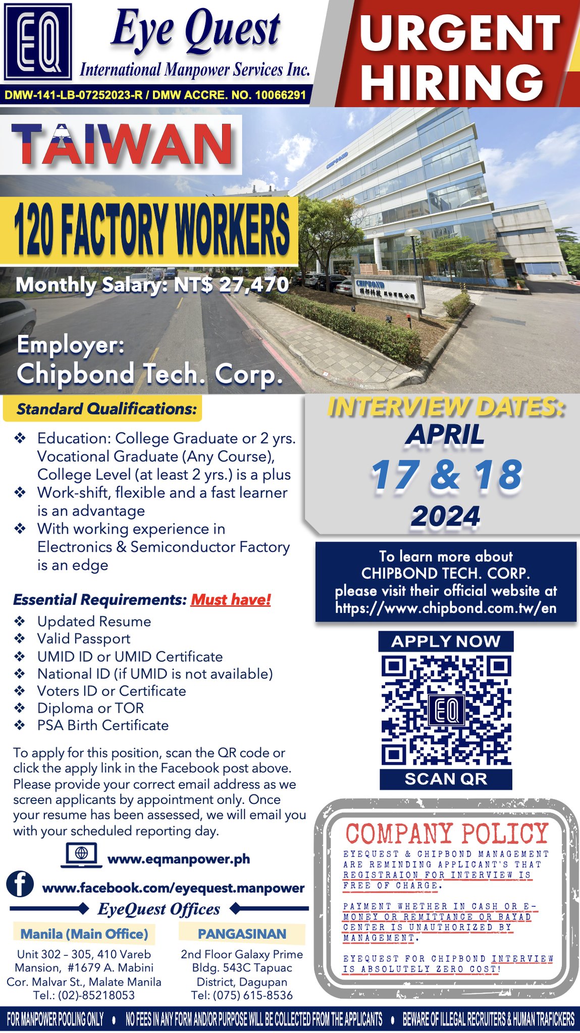 Taiwan Urgent Hiring Factory Workers for Chipbond Technology ...