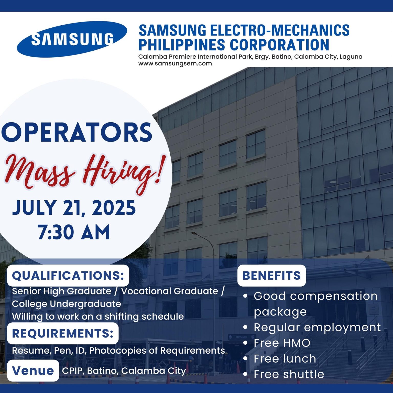 Samsung Electro-Mechanics Philippines Corporation Announces Mass Hiring ...