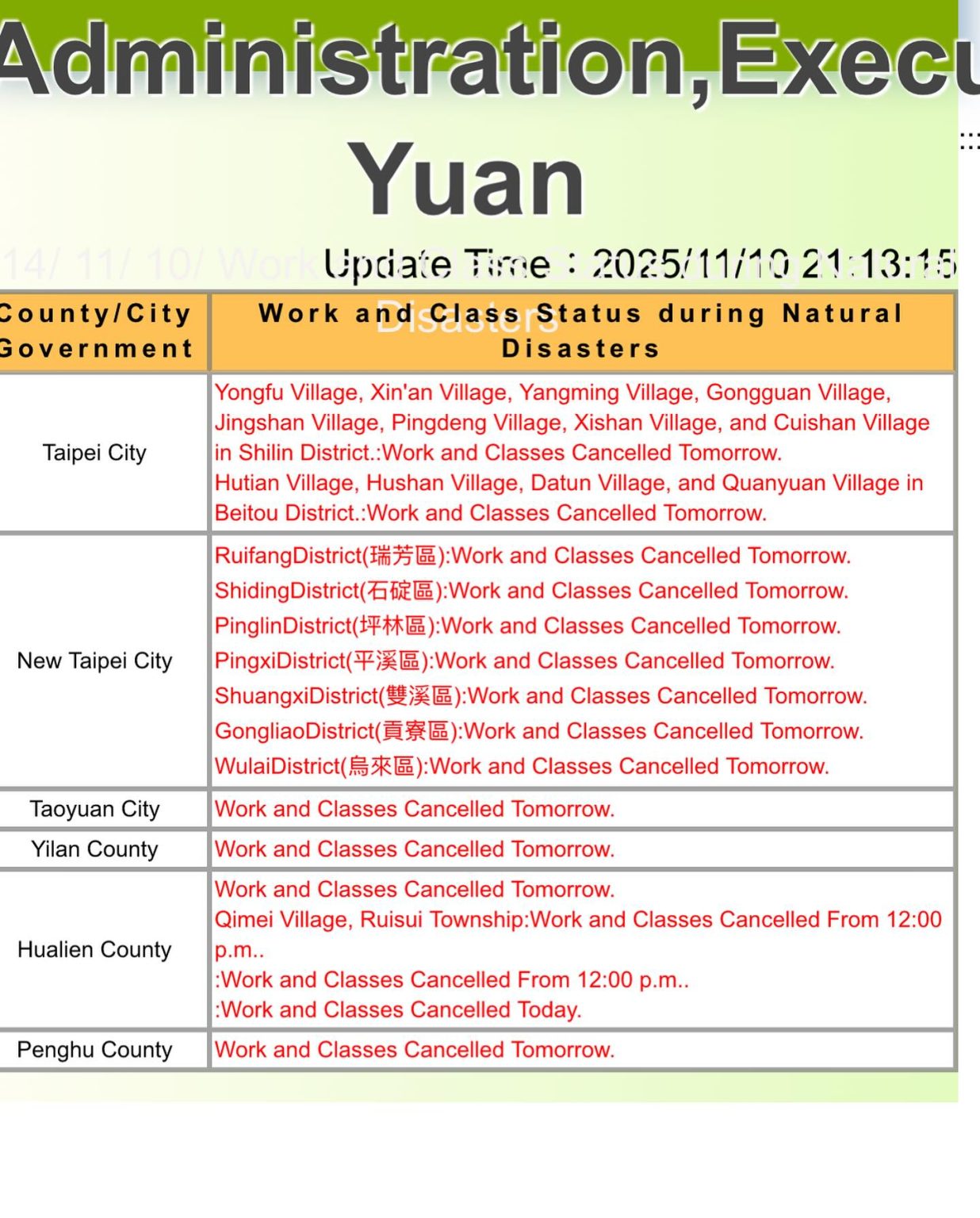 Taiwan Local Governments Suspend Classes and Work Amid Natural Disasters