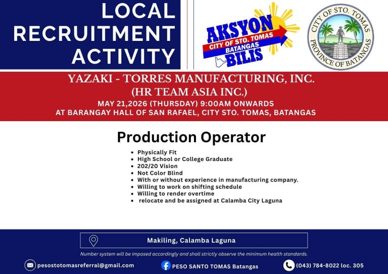 Recruitment Activity Opens Production Operator Jobs in Laguna